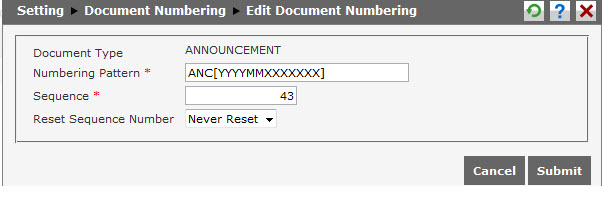 Click a Document Type to open Edit Document Numbering page as shown below.